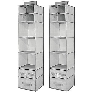 mDesign Soft Fabric Over Closet Rod Hanging Storage Organizer with 7 Shelves and 3 Removable Drawers for Child/Kids Room or Nursery - Herringbone Print, 2 Pack - Gray