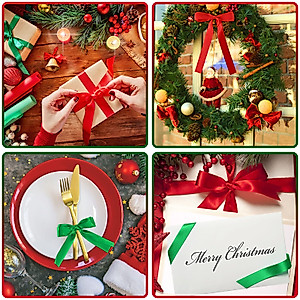 FEBSNOW 4 Rolls 100 Yards Christmas Ribbon, 0.6 Inch and 0.8 Inch Wide Holiday Red Green Satin Ribbons for Xmas Gifts Wrapping and Craft Decoration