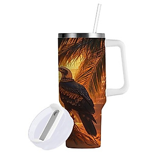 Slewiaeky Tumbler with Handle 40 oz America Hawk Bird Cicada Travel Mug with Lid and Straw Stainless Steel Vacuum Insulated Water Bottle Cup for Iced Tea Coffee Cold Beverages Cup Holder Friendly