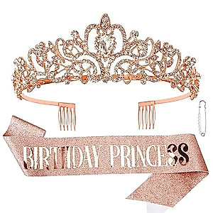 CIEHER Princess Crown and Birthday Sash Set, Birthday Crown Birthday Girl Crown Birthday Tiara for Women Birthday Princess Crown Birthday Decorations Birthday Sash for Girls Birthday Gifts - Rose Gold