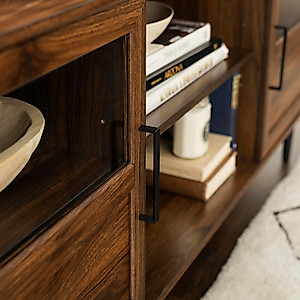 Walker Edison Modern Farmhouse Wood and Glass TV Stand with 2 Cabinet Doors for TV's up to 65" Flat Screen Universal TV Console Living Room Storage Shelves Entertainment Center, 58 Inch, Dark Walnut