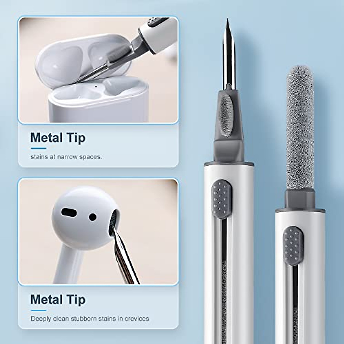 Cleaner Kit for AirPods, 3-in-1 Multifunctional Bluetooth Earbuds Cleaning Pen for AirPods Pro with Sponge, Brush, Metal Tip
