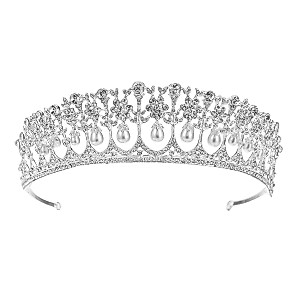 SSNUOY Pearl Princess Crowns Wedding Tiara for Women Silver Rhinestone Crown Bridal Princess Hair Accessories