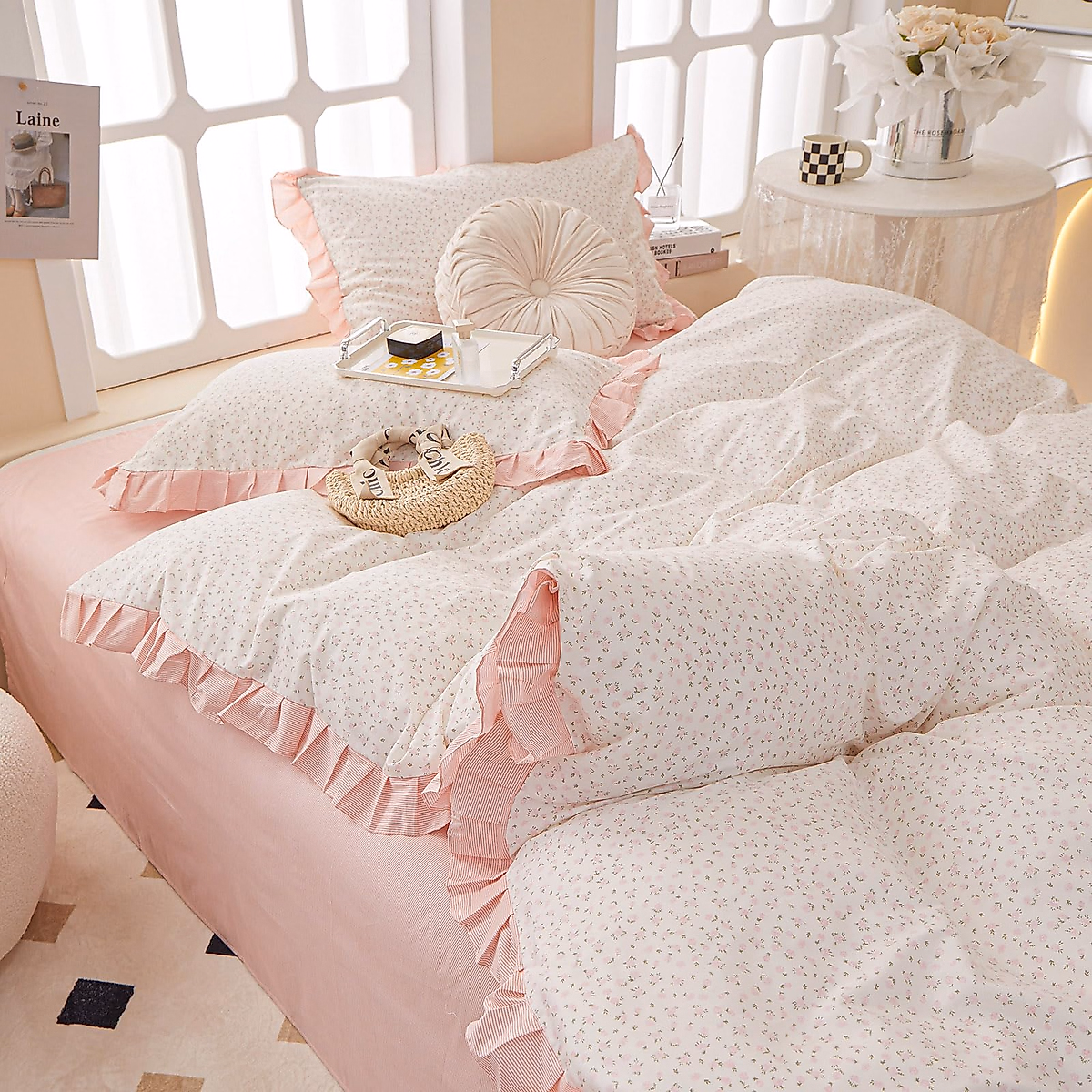 Pink Floral Duvet Cover Twin Chic Flower Print Ruffle Duvet Cover Cotton Lace Comforter Cover Country Style Floral Bedding Set Romantic Ruffle Comforter Cover Flower Duvet Cover with 2 Pillowcases
