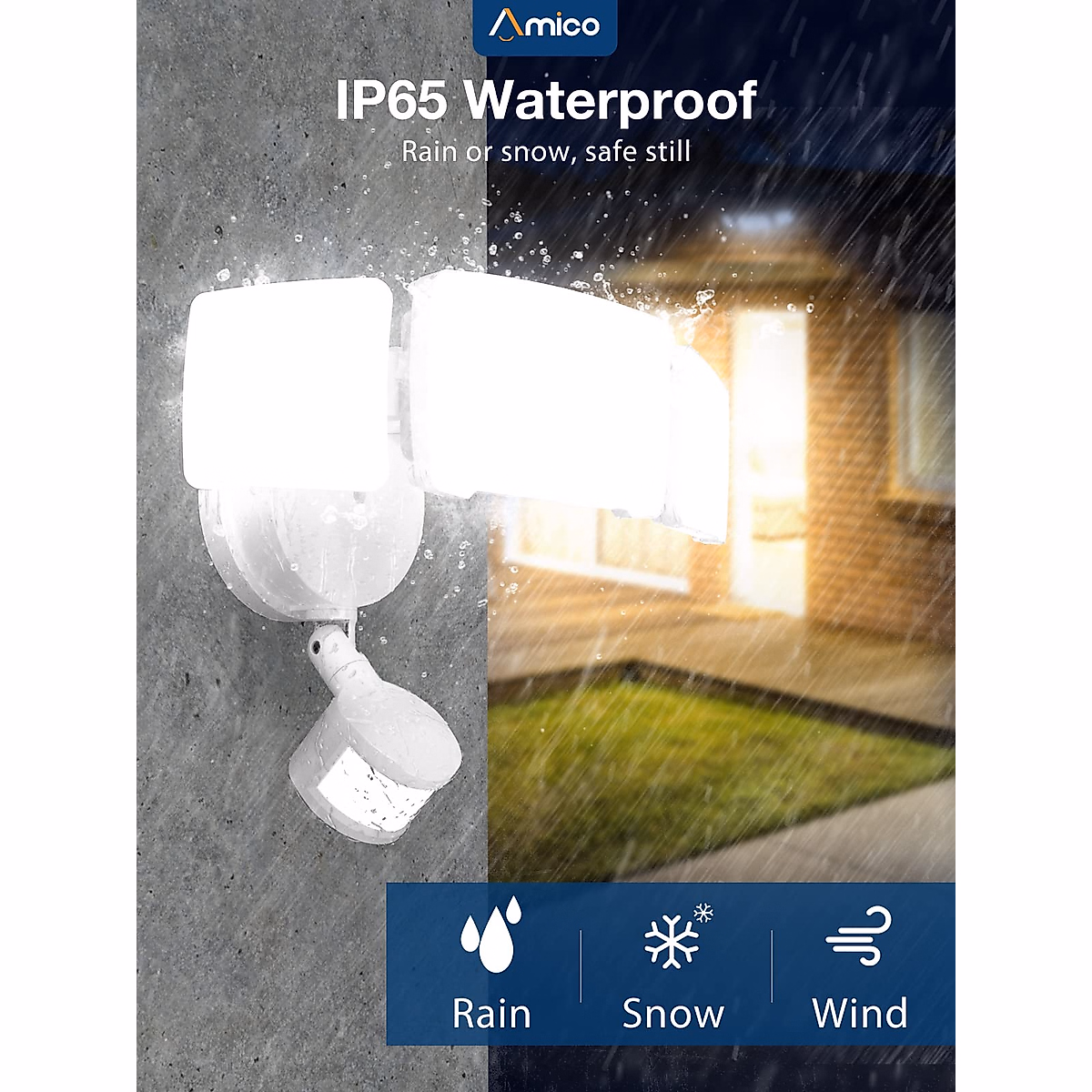 Amico 3 Head LED Security Lights with Motion Sensor, Adjustable Motion Detected Flood Light 40W 4000LM, 5000K, IP65 Waterproof, Outdoor Motion Sensor Light for Garage, Yard, Entryways(White)