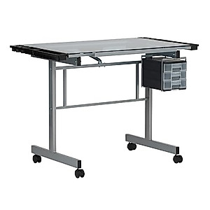 Studio Designs Vision Craft and Drawing Station - 35.5" W by 23.75" D Silver-Blue Glass Top Drafting Table with Pencil Drawers, Side Trays, & Built-In Pencil Ledge - Angle Adjustable Work Surface