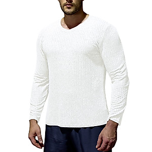 CTU Men's Fashion Athletic T-Shirts Long Sleeve Shirts Workout V Neck Solid Color Tee Shirt Top White