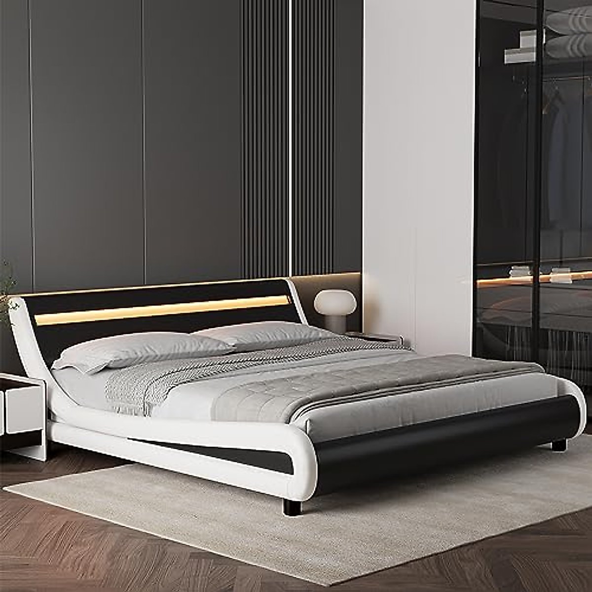 TTVIEW Low Profile Full Size LED Bed Frame with Adjustable Headboard, Modern Upholstered Platform Bed with Wood Slats Support, No Box Spring Needed, Black+White