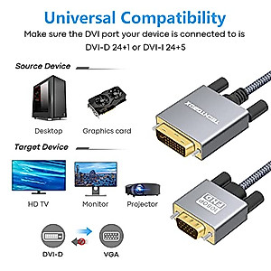 TECHTOBOX Active DVI to VGA,6FT DVI-D to VGA Male to Male Cable DVI-D 24+1 to VGA Adapter Supports 1080P FHD Compatible for Computer,Graphics Card to Old Monitor,TV,KVM