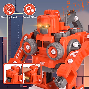 Doahurry Fire Truck Toy Take Apart Robot Transformers Toys 5 in 1 Construction Vehicle Comes with a Electric Drill, Assembly Robot Building Toy Crane Toy Kids Ages 4-12 Birthday (Red)