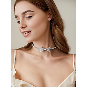 Janefashions Bow Tie Clear White Austrian Rhinestone Crystal Necklace Choker Party Gold Tone Silver Tone B1626 (Silver Tone)