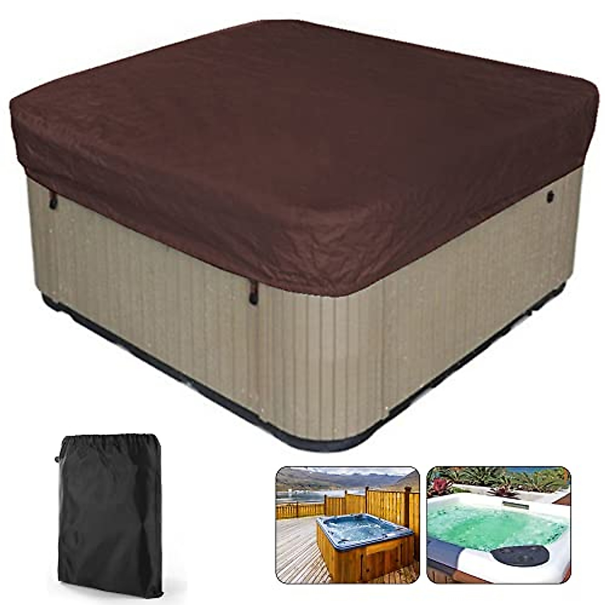 Hot Tub Top Cover, Square Waterproof UV Resistance Spa Bathtub Protector Covers with Tightening Elastic Rope, Outdoor Furniture Anti-Snow Cover, Swimming Pool Dust Cover (220*220*90cm,Brown)