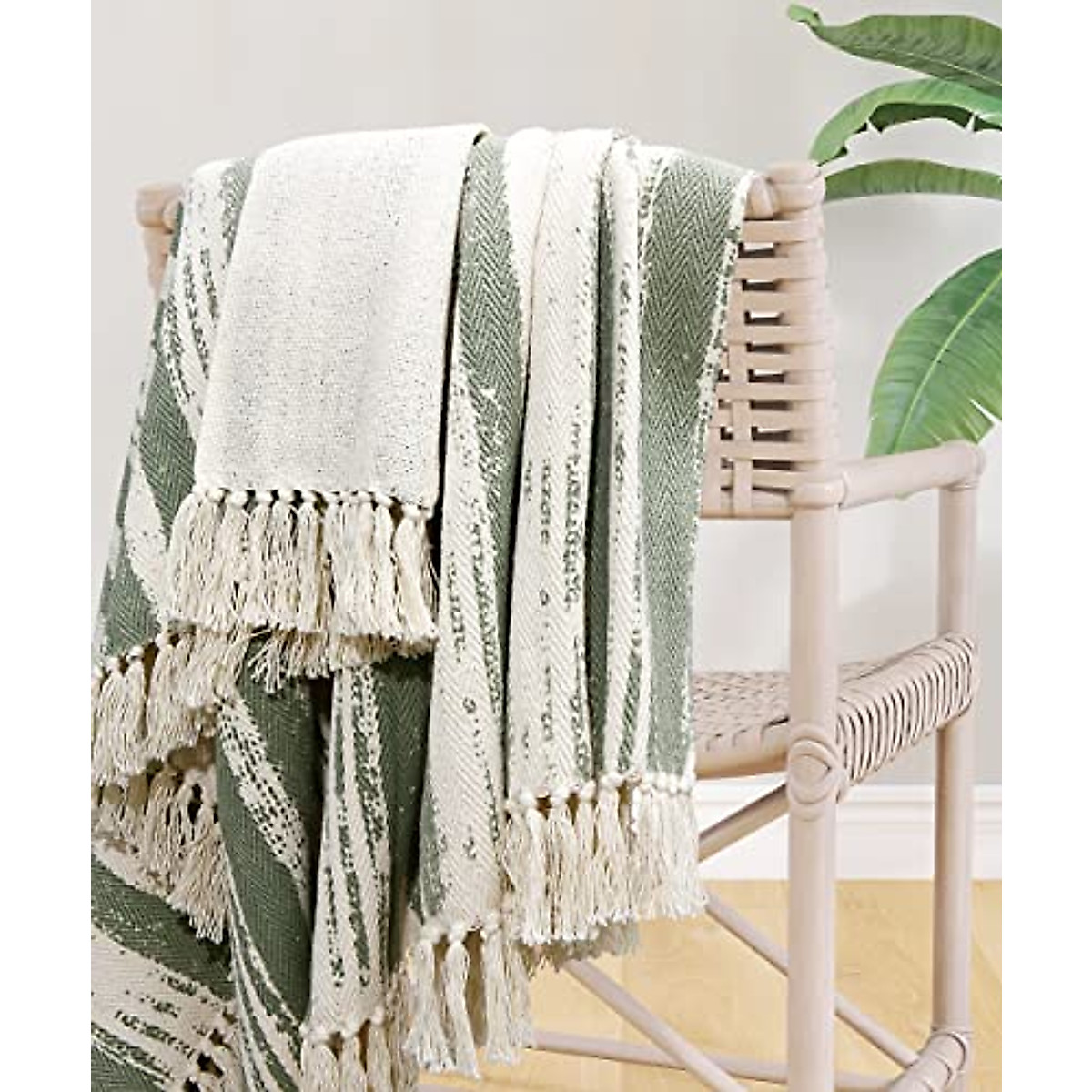 Godimerhea Green Throw Blanket Cotton White Boho Striped Decorative Blankets for Couch Sofa Bed, Soft Cozy Knit with Tassel, Rustic Shabby Chic, 50" x 60"