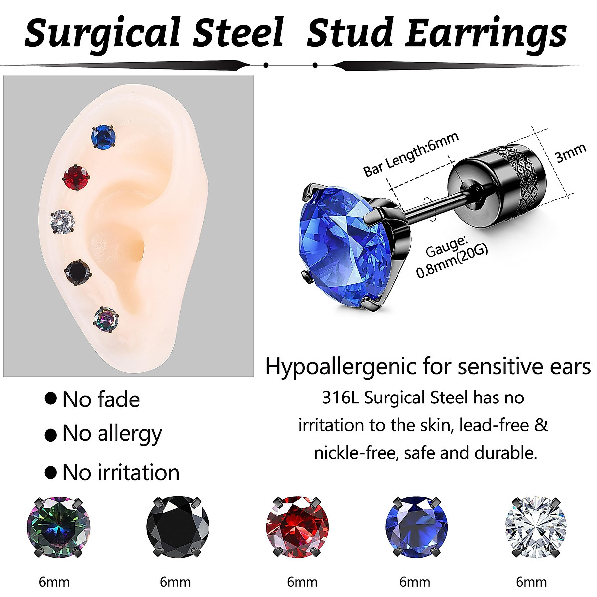 CASSIECA 5 Pairs Surgical Steel Screw Back Stainless Steel Stud Earrings for Women Men, Rainbow 5A Cubic Zirconia Sleeper Studs Hypoallergenic Earrings for Sensitive Ears 6mm