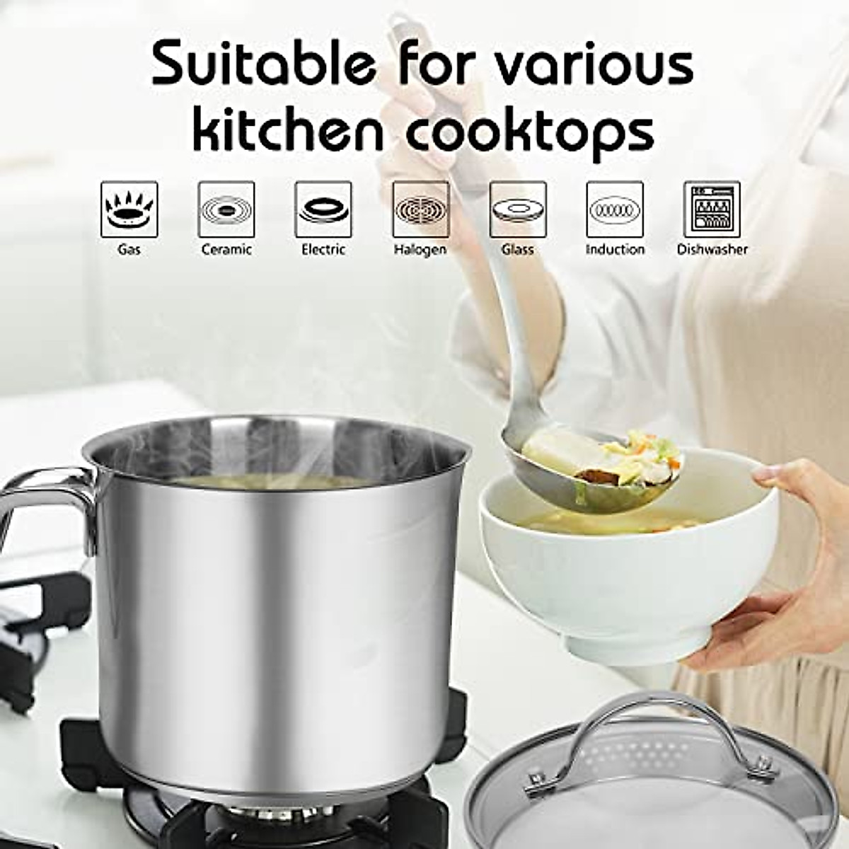 1.5 Quart Stainless Steel Saucepan with Pour Spout, Saucepan with Glass Lid, 6 cups Burner Pot with Spout - for Boiling Milk, Sauce, Gravies, Noodles