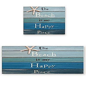 2 Pieces Kitchen Rugs and Mats Non Slip Rubber Backing Floor Carpet Accent Area Runner Thin Low Pile Indoor Doormat Set-The Beach Is My Happy Place-Rustic Wooden Plank Board Sign with Starfish