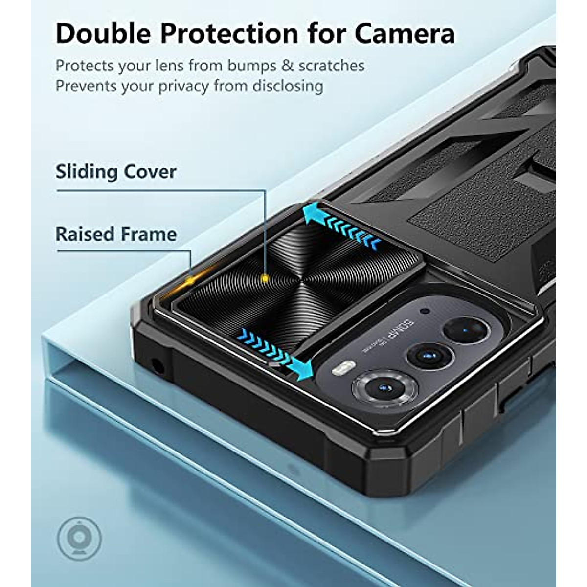 FNTCASE Military Grade Moto Edge 2022 Case: Shockproof TPU, Sturdy Kickstand & Camera Slide Cover - Black