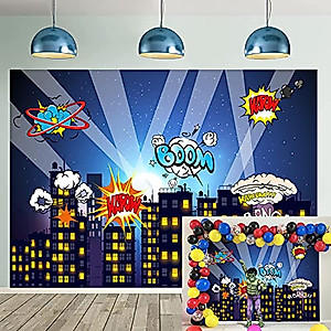 Superhero Cityscape Theme Backdrop Night Scene Comics Style Building Photography Background Baby Shower Boy Girl Kids Birthday Party Decoration Studio Shoot Prop 7x5FT