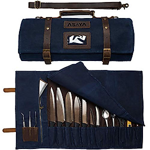 Asaya Waxed Canvas Knife Roll - 15 Knife Slots, Card Holder and Large Zippered Pocket - Genuine Leather, Cloth and Brass Buckles - for Chefs and Culinary Students - Knives Not Included