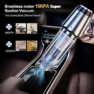 CHOLANG Handheld Vacuum Cordless,15000Pa 3 in 1 Car Vacuum Rechargeable High Power Hand Held Vacuum with Brushless Motor Portable Mini Vacuum Cleaner for Women,Men,Car,Home Pet & Office (Silver)