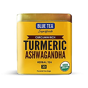 BLUE TEA - Turmeric Ashwagandha Tea - 30 Plant Based Tea Bags | PRIME SAVING DAY | AYURVEDIC BLEND | Turmeric Tea - High in Curcumin - CAFFEINE FREE | Non-GMO - Vegan - Gluten Free | Reusable Tin Pack