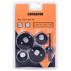Hole Saw Kit, SUNGATOR 5-Piece Hole Saw Set with 4 Pcs Saw Blades in 1-1/4, 1-1/2, 2, 2-1/8 Inch, 1 Mandrel. Carbon Steel Circle Hole Saw Kit, Arbored Hole Cutter for Wood, Plastic, PVC Board, Drywall