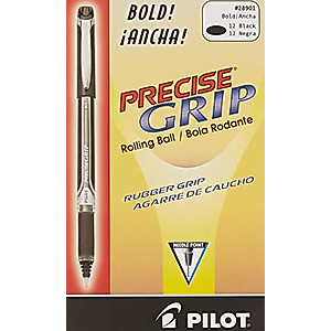 PILOT Precise Grip Liquid Ink Rolling Ball Stick Pens, Bold Point, Black Ink, 12-Pack (28901)