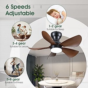 Kviflon Ceiling Fans with Lights and Remote/APP Control, 30 inch Low Profile Ceiling Fans with 5 Reversible Blades 3 Colors Dimmable 6 Speeds Ceiling Fan for Bedroom Dining Room, Wood Color