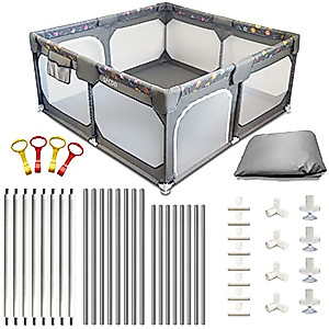 59" ×59"Playard with Gates,Indoor Baby playpen,Detachable and Assembled Children Fence, Babies Enclosure with Cute Pattern,Small Playground for Kids, Infant Care Playpin|Light Grey