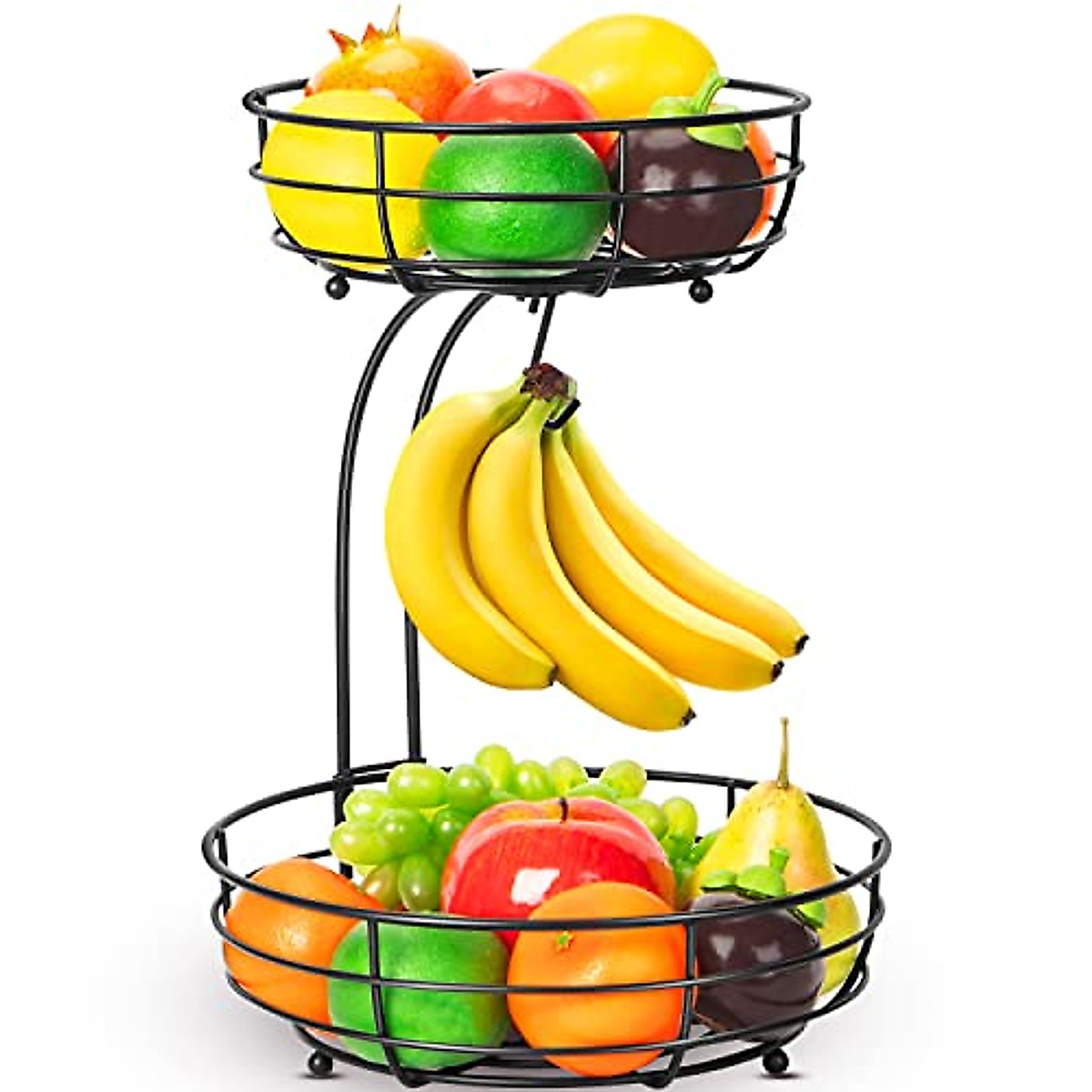 Kufutee 2-Tier Countertop Fruit Basket Bowl With Banana Hanger, Black 64 ounces