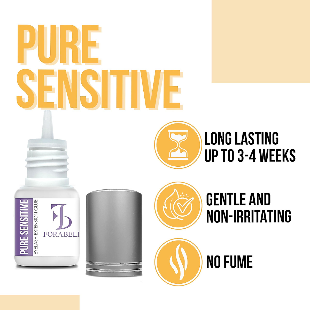 Forabeli Pure Sensitive Eyelash Glue 5ml - 7-8 Sec Drying Time, 3-4 Weeks Retention, Black Adhesive, No Fume, No Irritation