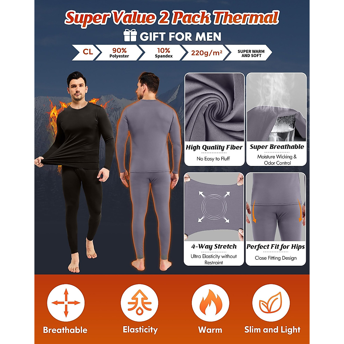 Thermal Underwear for Men, 2 Pack Long Johns Winter Long Underwear Sport Skiing Fleece Lined Base Layer Top and Bottom Set L