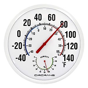 Circrane 13.25 Inch Round Thermometer with Hygrometer, Large Indoor Wall Thermometer Patio Bimetal Weather Thermometer, No Battery Required, White