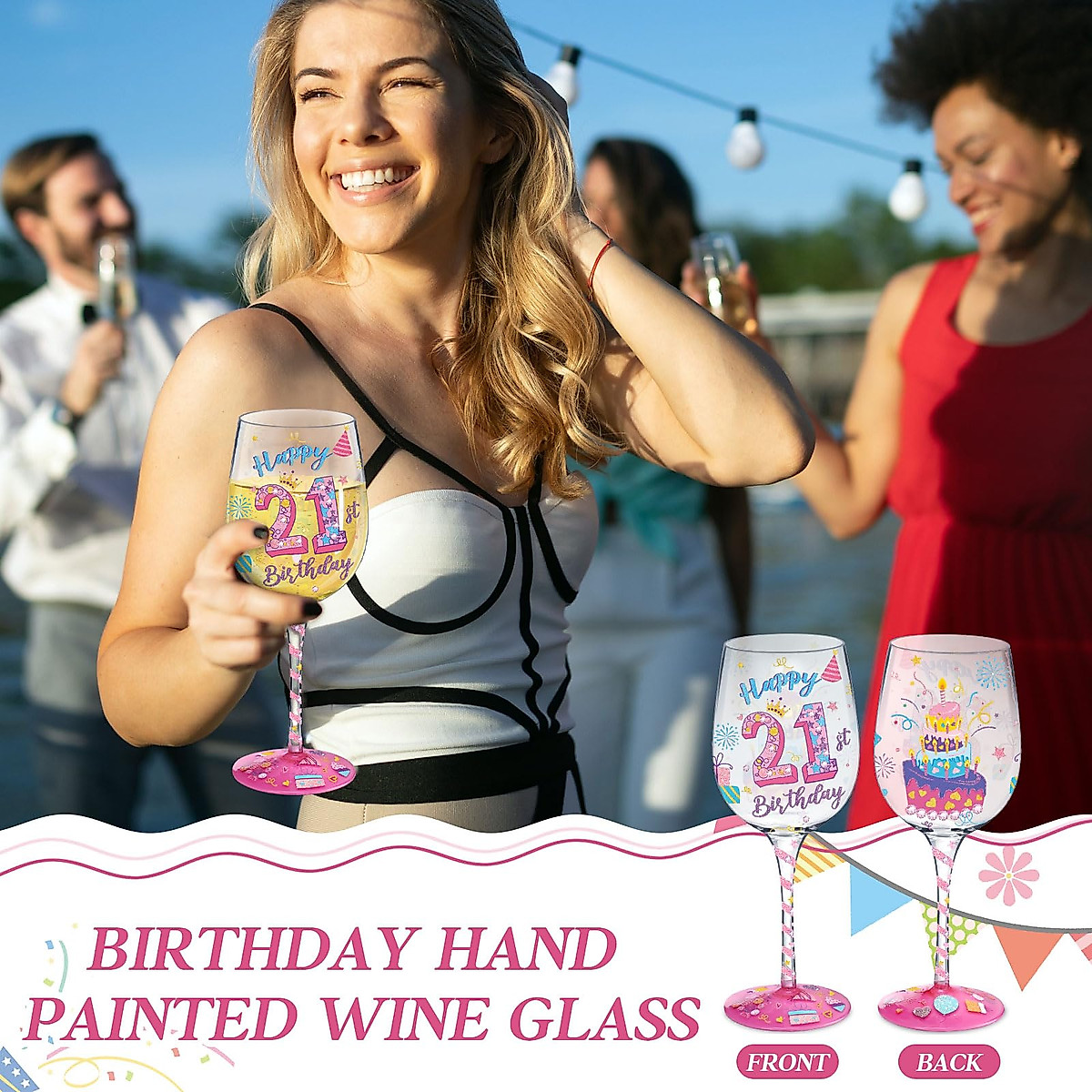 Funnymoom Hand Painted Wine Glass Birthday Gifts for Her Artisan Painted 15oz Gift Happy Birthday Cups (Pink,21st Birthday)