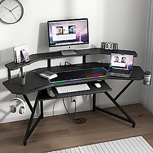 Auromie 72" Gaming Desk with Power Outlet & Led Strip, Large Wing-Shaped Computer Desk w Monitor Stand & Keyboard Tray & RGB Mouse Pad, Studio Desk w Storage Shelf Headphone Hook Cup Holder