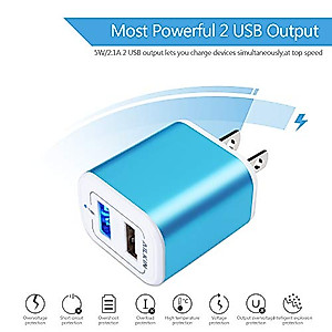 USB Plug in Wall Charger, Charging Block, 2Pack AILKIN 2.1A Fast Charge Dual Port Power Adapter Cube Box Brick Base Compatible with Phone, Pad, LG, Honor, Samsung, Kindle Fire, Blue, All USB - Blue