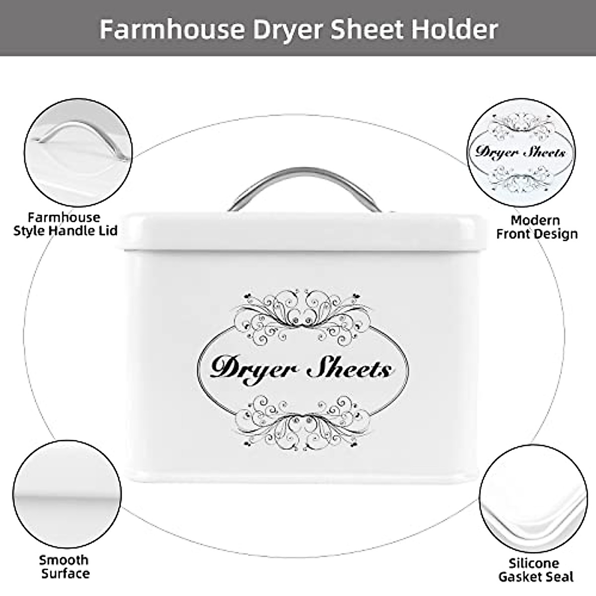 Farmhouse Dryer Sheet Holder with Lid for Laundry Room Decor,Dryer Sheet Container for Laundry Room Organization,Laundry Dispenser,Space Saving Laundry Room Storage, White