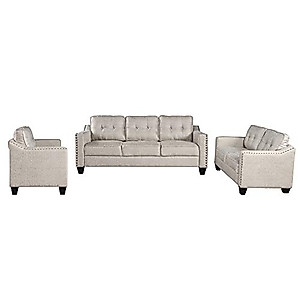 3Pieses Mid-Century Modern Sofa Sets Linen Fabric Tufted Back Sofa&Couch Include 3 Seaters Couch, Loveseat and Armchair with Rivets Rivets for Home Apartment Office Living Room
