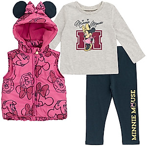 Disney Minnie Mouse Little Girls Zip Up Vest Puffer T-Shirt and Leggings 3 Piece Outfit Set Pink/Gray 6