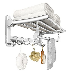 Towel Rack with Towel Bar for Bathroom Wall Mount,Foldable Toalla Holder with Hooks,Hotelier Rustproof Adjustable Bath Towels Shelf,No Drill,24 Inch Polished Silver