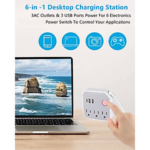 Power Strip with USB C, 3 Outlets Desktop Charging Station, 6 Ft Extension Cord, Small and Portable Power Strip for Travel, Cruise Ship