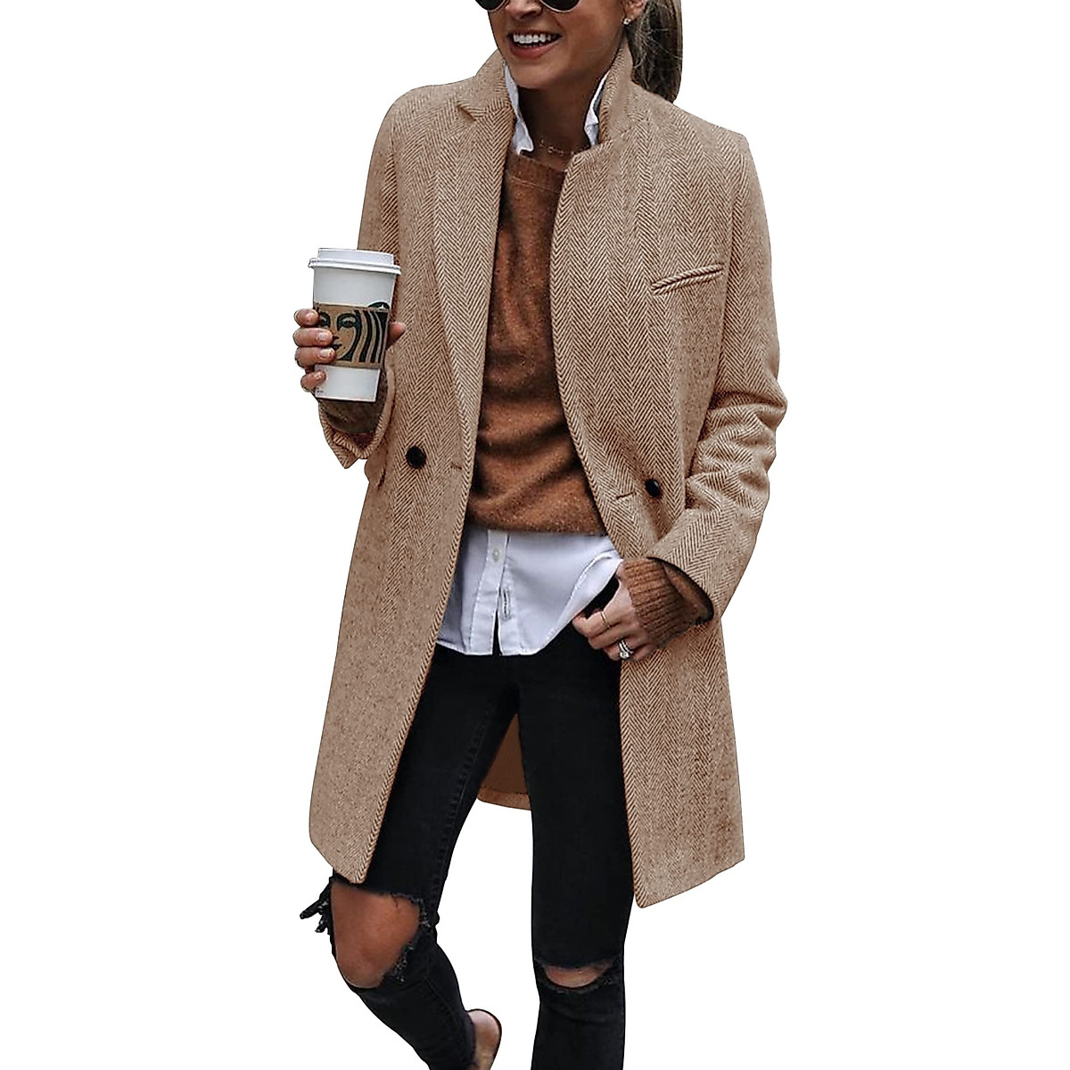 Ebifin Women's Notch Lapel Double Breasted Trench Coat Peacoat Winter Casual Long Blazer Jacket Overcoat XX-Large