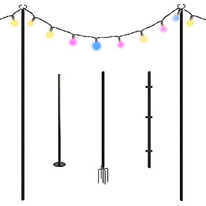 Aoxun Outdoor String Light Poles, 8 FT Metal Poles with Hooks-2 Pack, Hang Up Lights LED Solar Bulbs, Heavy Duty Patio Stand & Hanger for Outside, Deck, Garden, Bistro, Wedding