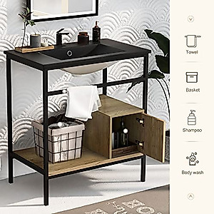 Polibi 30" Bathroom Vanity with Single Sink, Bathroom Cabinet with Metal Frame and Base Wooden Cabinet, Black