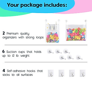 2 x Mesh Bath Toy Organizer + 8 Ultra Strong Hooks – The Perfect Bathtub Toy Holder & Bathroom or Shower Caddy – These Multi-use Net Bags Make Baby Bath Toy Storage Easy – For Kids & Toddlers