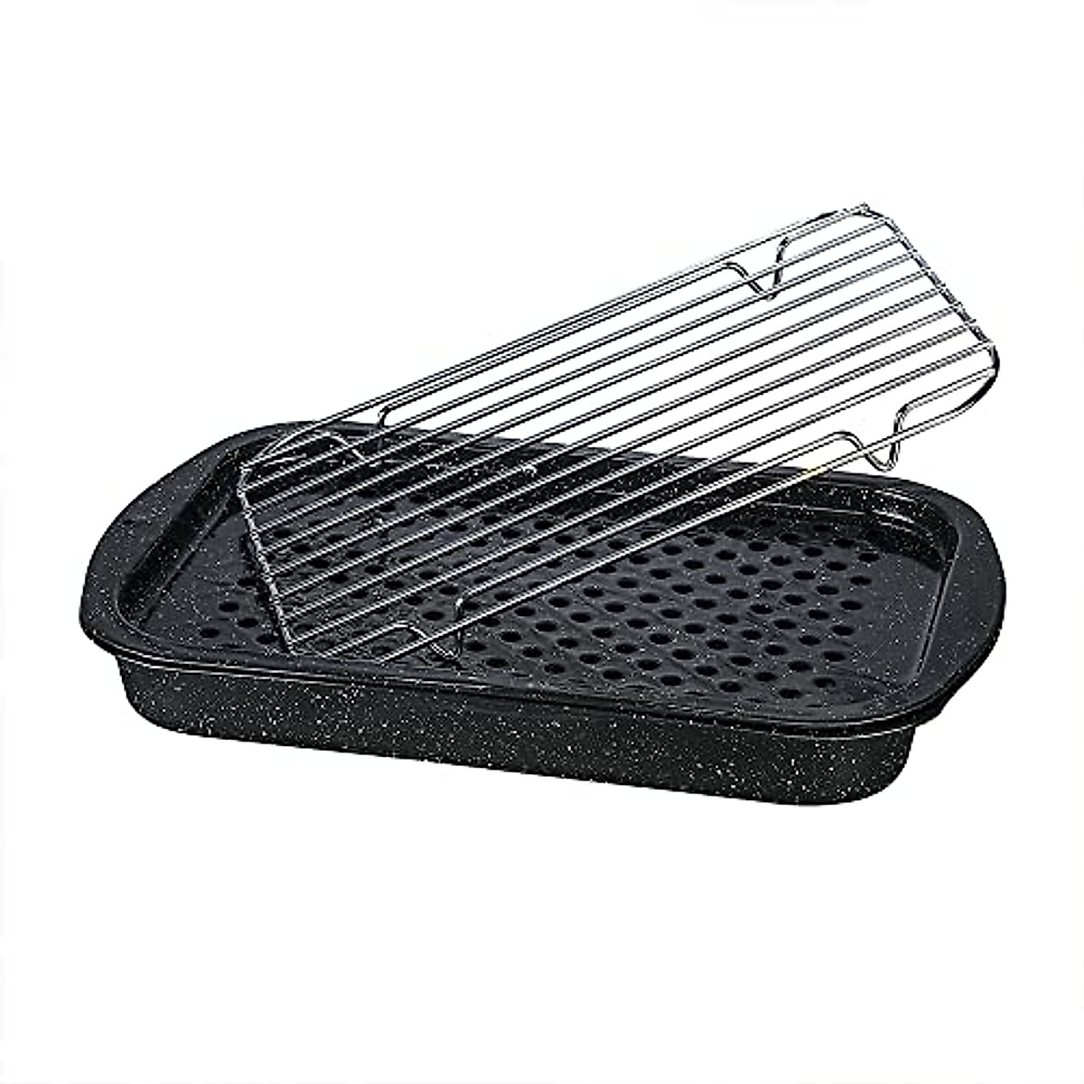 Granite Ware 3 Piece Multiuse Set (Speckled Black) Enamelware Bake, Broiler Pan and Grill - With Rack Suitable for Oven, direct on Fire.