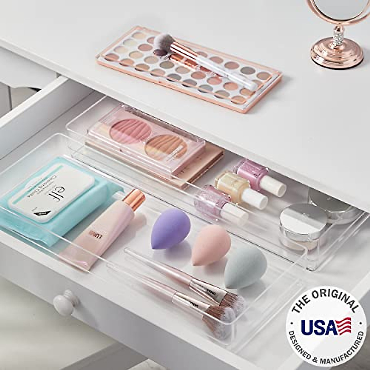 STORi SimpleSort 2-Piece Stackable Clear Drawer Organizer Set | 15" x 6" x 2" Rectangle Trays | Wide Makeup Vanity Storage Bins and Office Desk Drawer Dividers | Made in USA