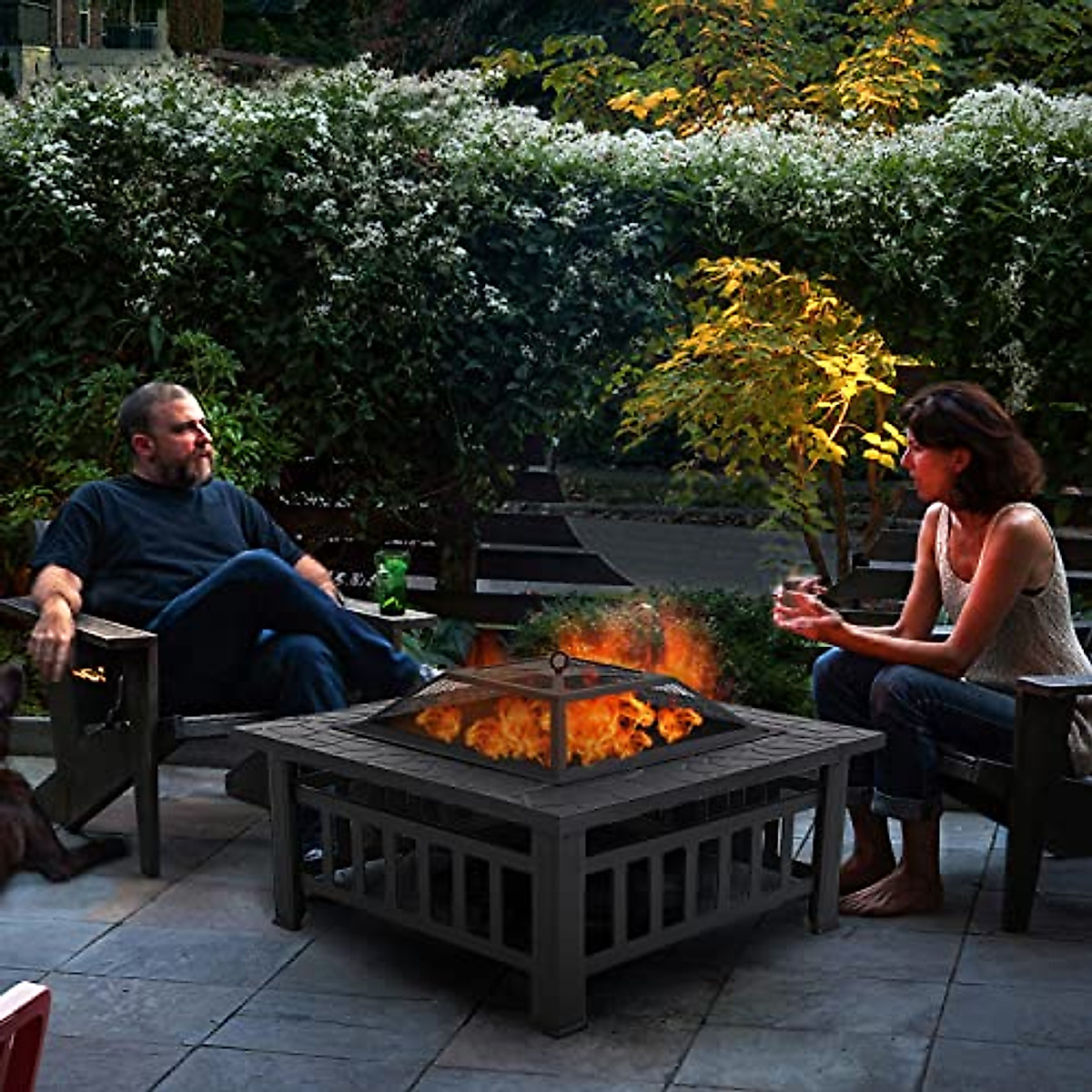 Fire Pit Table, Outdoor Fireplace Firepit Camping Accessories 32 in Square Smokeless Fire Pit with Spark Screen, Log Poker for Outside Garden Patio Backyard