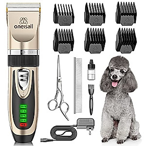 oneisall Dog Clippers Low Noise, 2-Speed Quiet Dog Grooming Kit Rechargeable Cordless Pet Hair Clipper Trimmer Shaver for Small and Large Dogs Cats Animals (Gold)