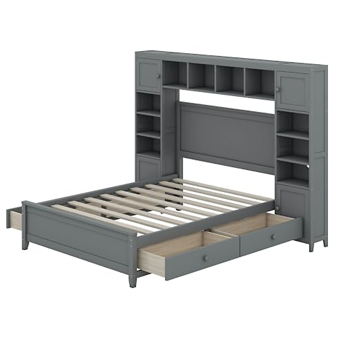 BEBPILOO Full Size Wooden Bed with All-in-One Cabinet and Shelf for Kids,Teens (Gray)